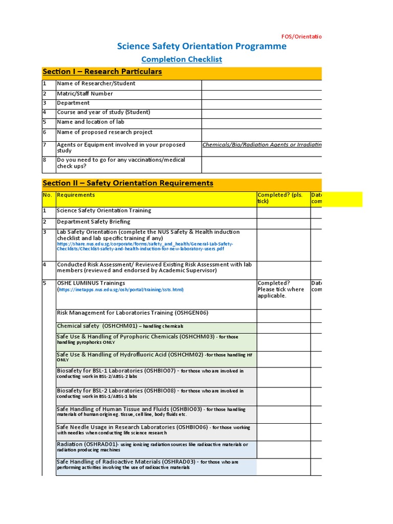 Science Safety Orientation Programme Checklist - Updated 21 July 2020 ...