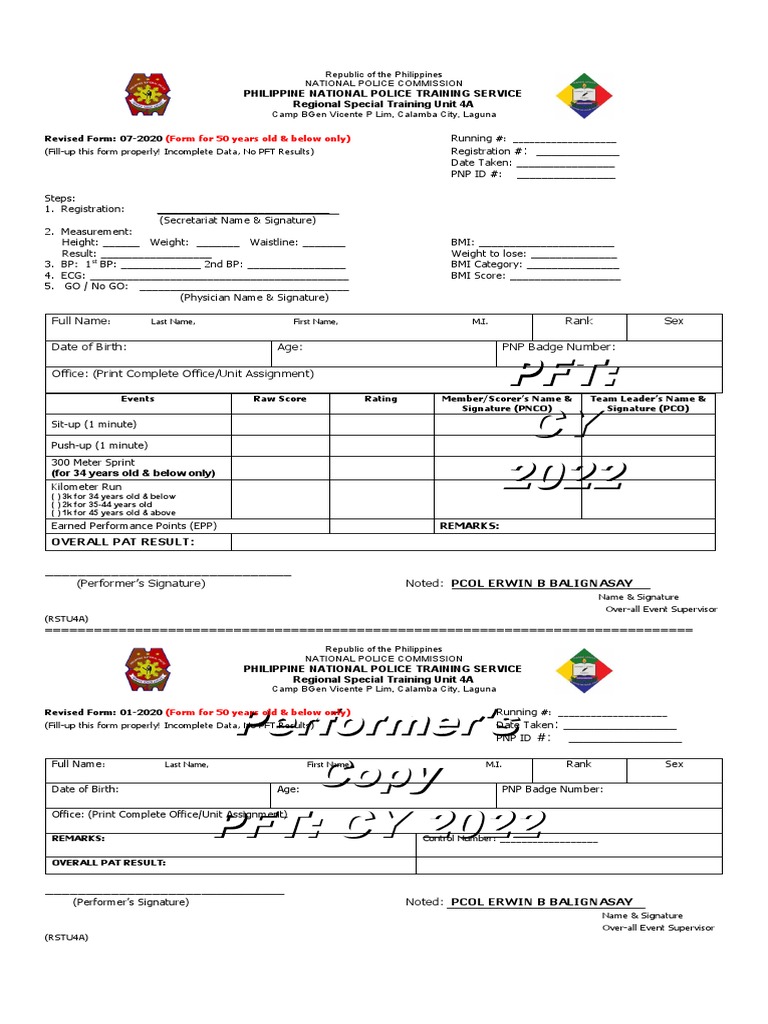 PNP Physical Fitness Test Registration Form | PDF
