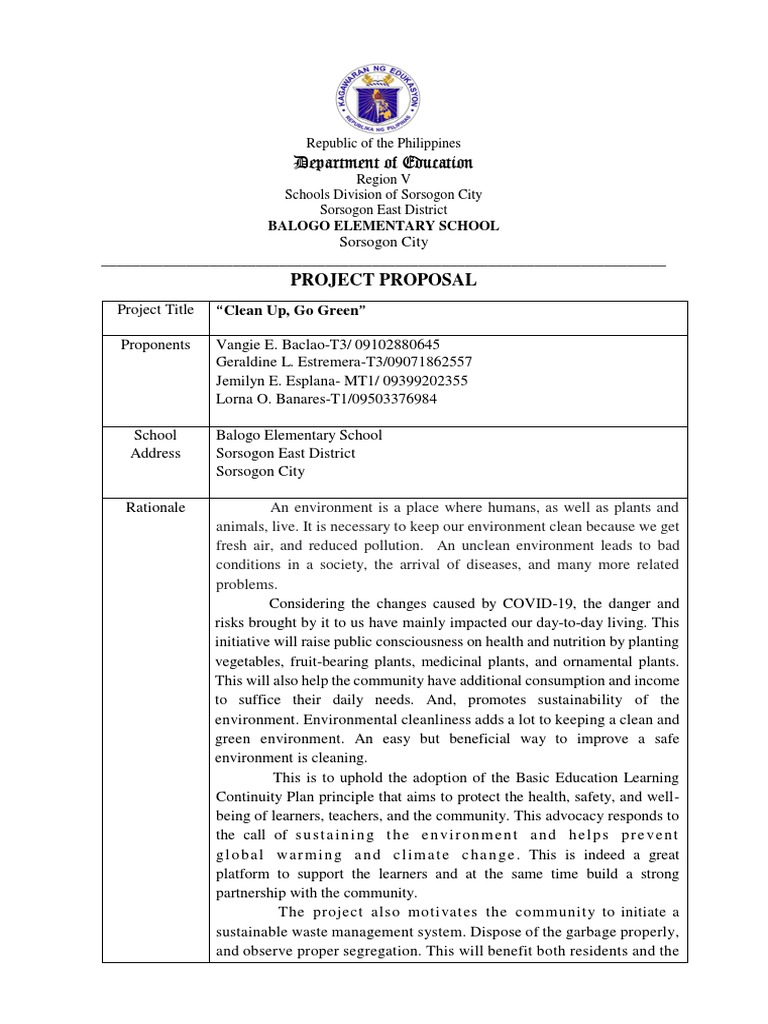 Clean Up, Go Green Project Proposal | PDF | Learning | Natural Environment