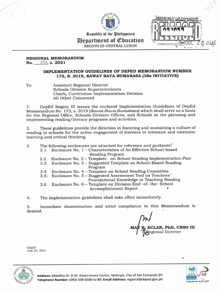RM No. 289 S. 2021 Implementation Guidelines of DepEd Memorandum Number ...