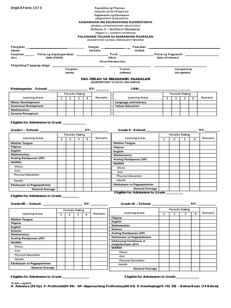 Deped Form 137-E: Kawanihan NG Edukasyong Elementarya | PDF | Cognition