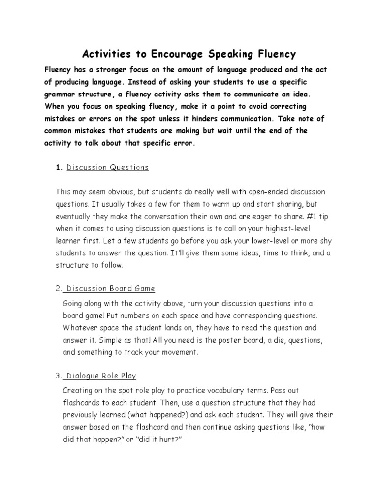 Activities To Encourage Speaking Fluency | PDF | Fluency | Cognition