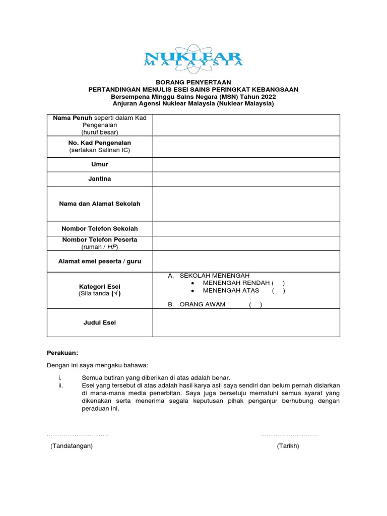 Borang Penyertaan Pertandingan Menulis Esei Sains 2022 - 11052022 | PDF