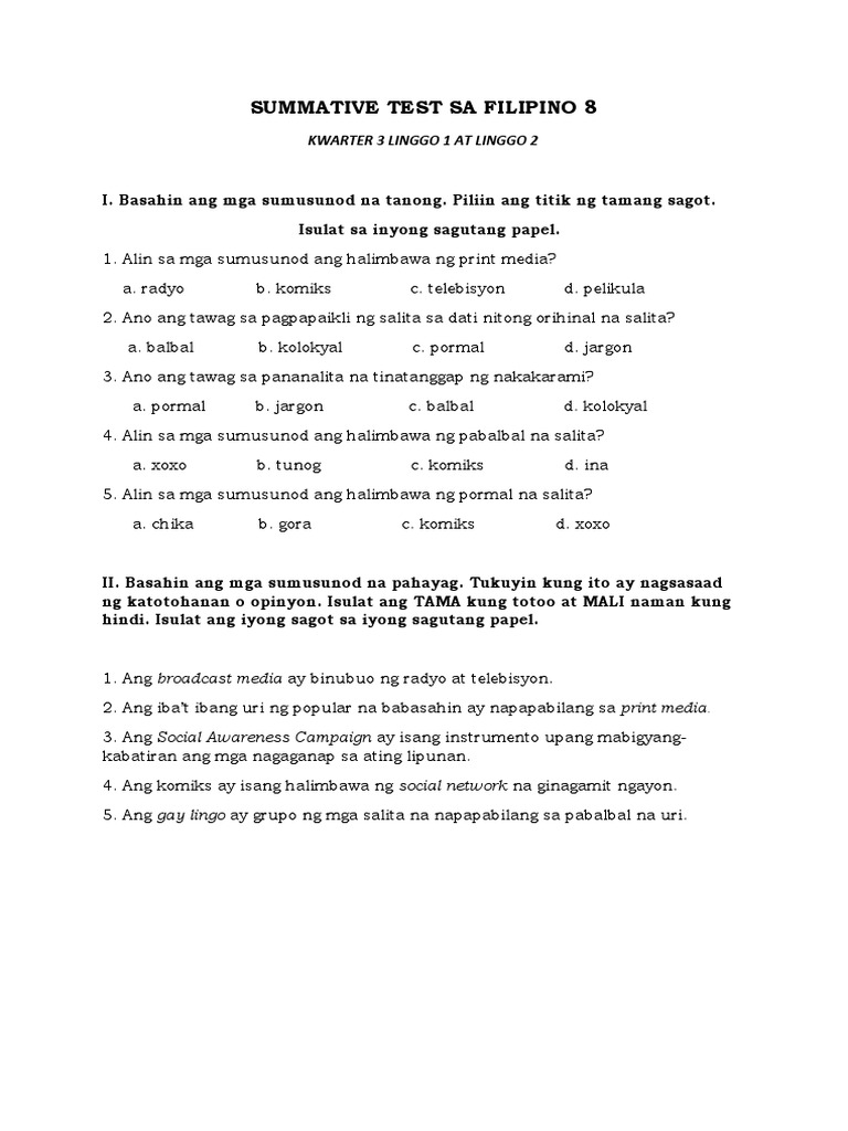 Summative Test Sa Filipino 8 | PDF