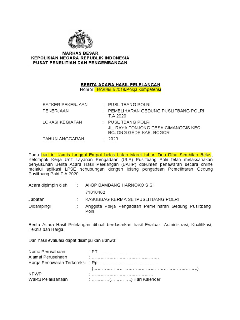 Berita Acara Hasil Lelang | PDF