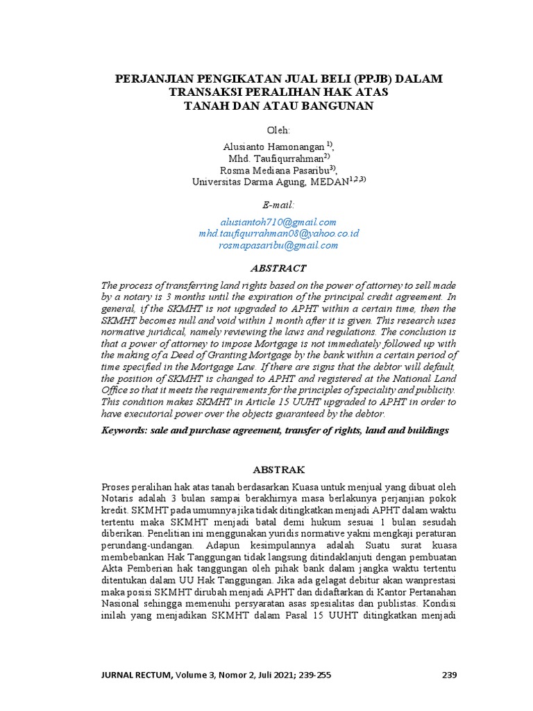 Perjanjian Pengikatan Jual Beli (PPJB) Dalam Transaksi Peralihan Hak ...