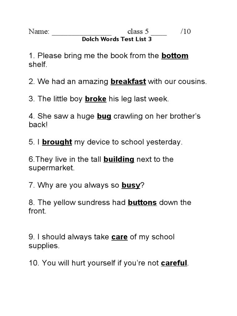 Dolch Words List 3 Test Grade 5 PDF