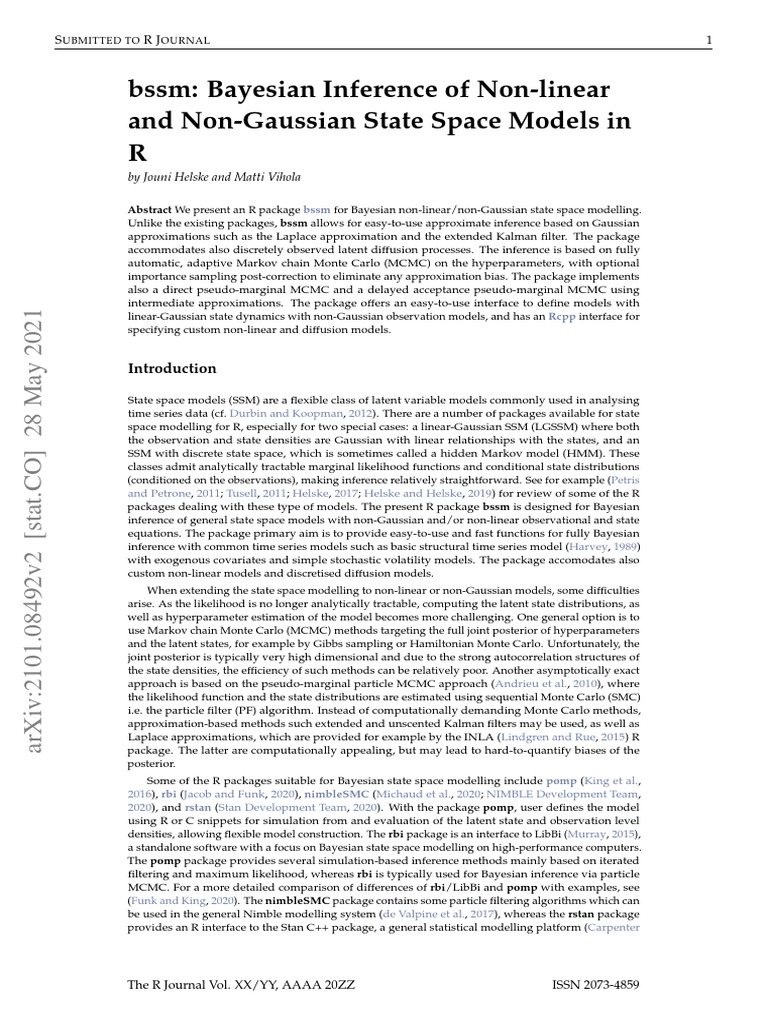 Bssm Bayesian Inference Of Non Linear And Non Gaussian State Space Models In R Pdf Monte