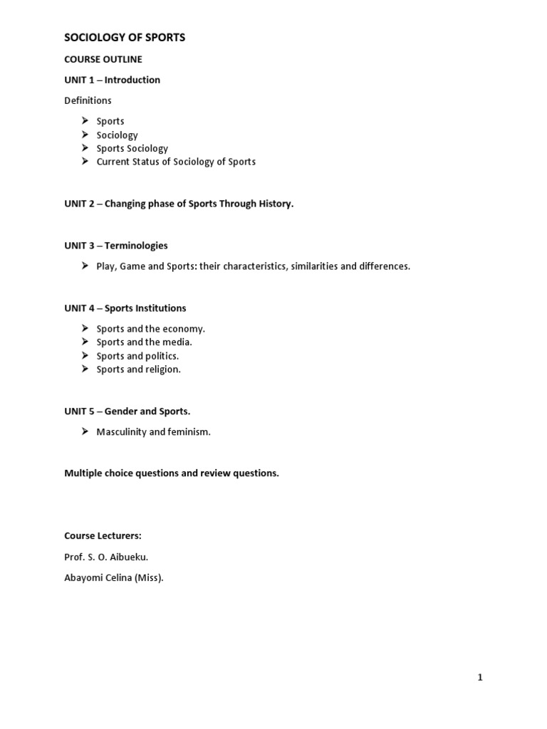 Sociology of Sports: Course Outline UNIT 1 - Introduction | PDF ...