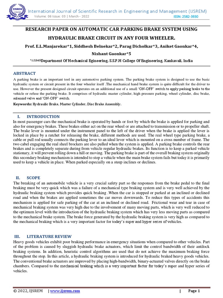 Research Paper On Automatic Car Parking Brake System Using Hydraulic ...