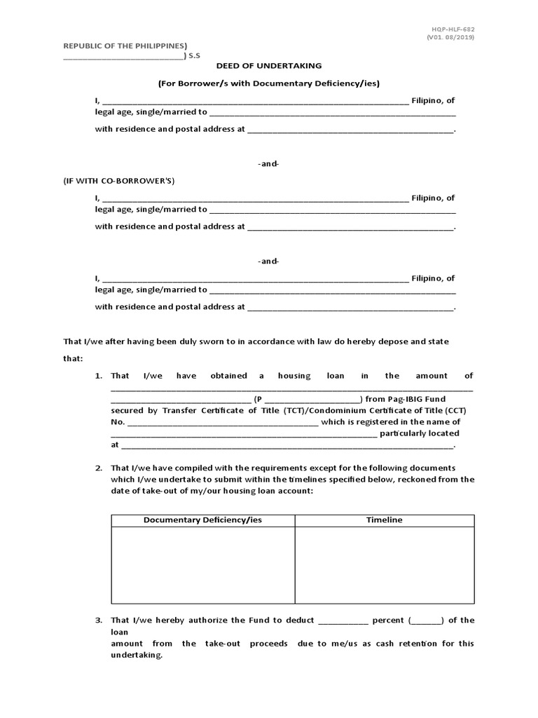 Deed of Undertaking (For Borrower/s With Documentary Deficiency/ies ...