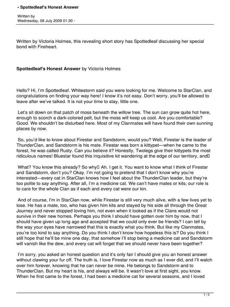 Spottedleaf's Honest Answer by Victoria Holmes: Written by Wednesday ...