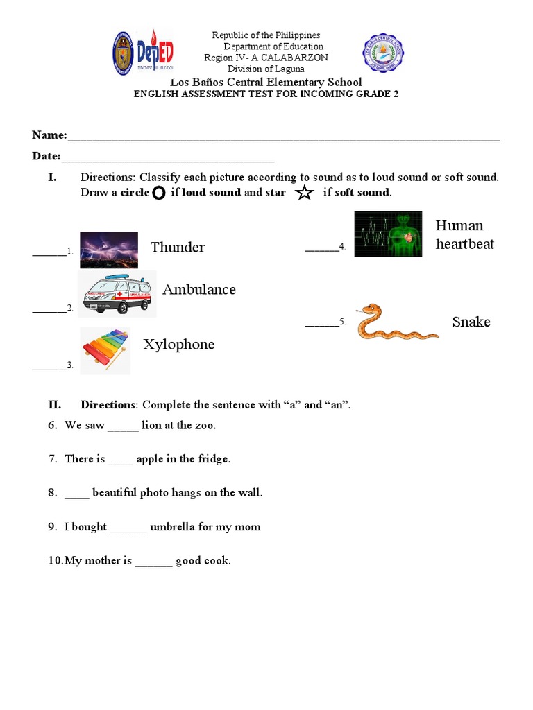 English - Assessment Test For Incoming Grade 2 | PDF | Linguistics ...