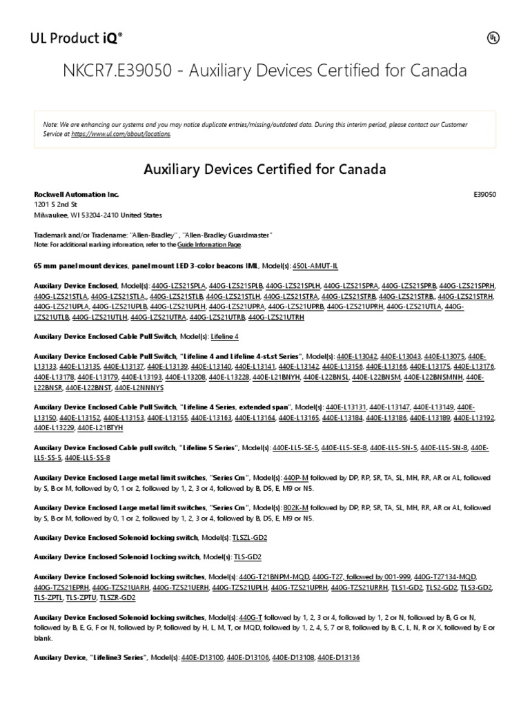 NKCR7.E39050 - Auxiliary Devices Certified For Canada - UL Product Iq ...