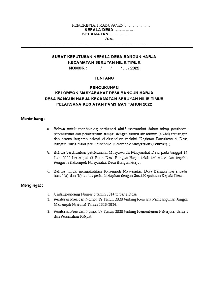 Contoh SK Kades Pokmas & Kp-Spams Tahun 2022 Desa Bangun Harja | PDF