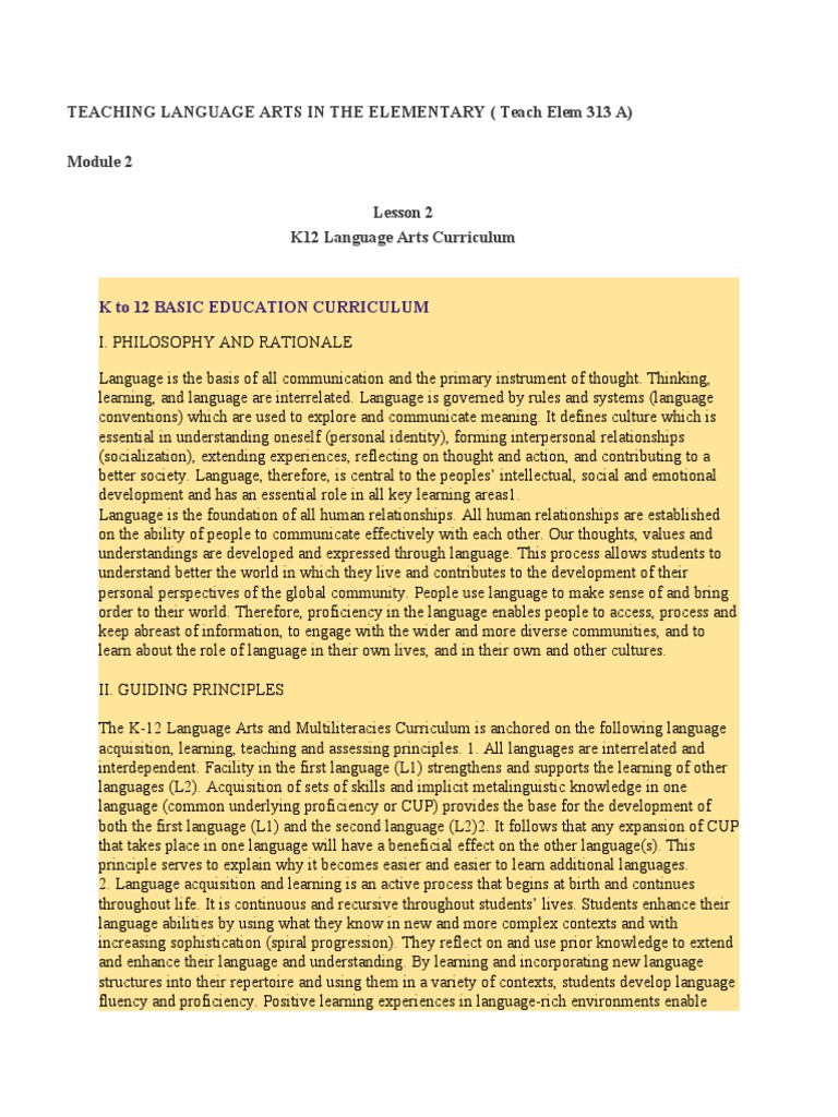 Teaching Language Arts in The Elementary (Teach Elem 313 A) Lesson 2 ...