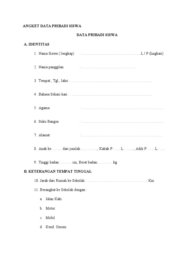 Angket Data Pribadi Siswa | PDF