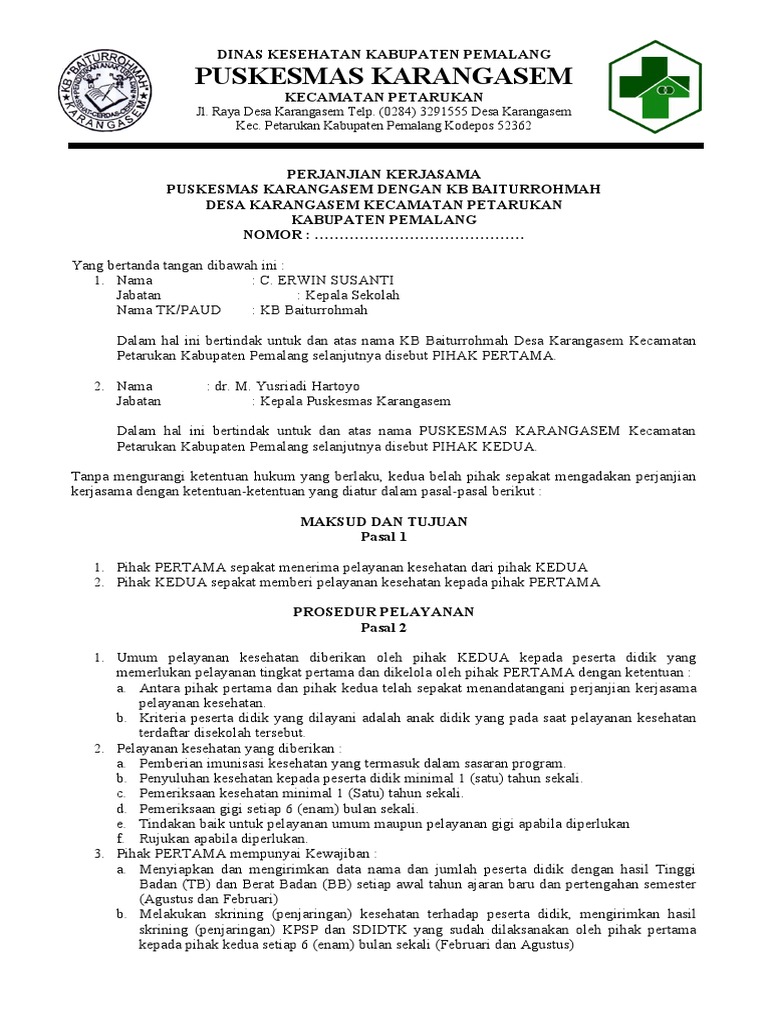 Surat Perjanjian Kerjasama Puskesmas | PDF Surat Perjanjian Kerjasama Puskesmas | PDF