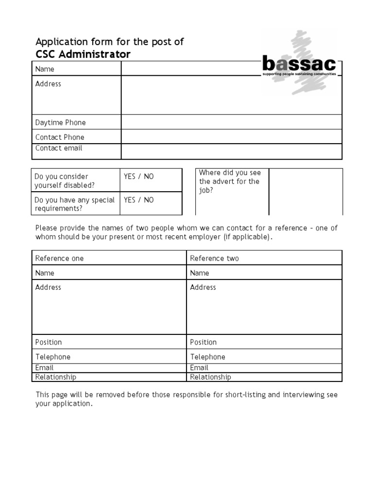 CSC Administrator: Application Form For The Post of | PDF | Labour ...