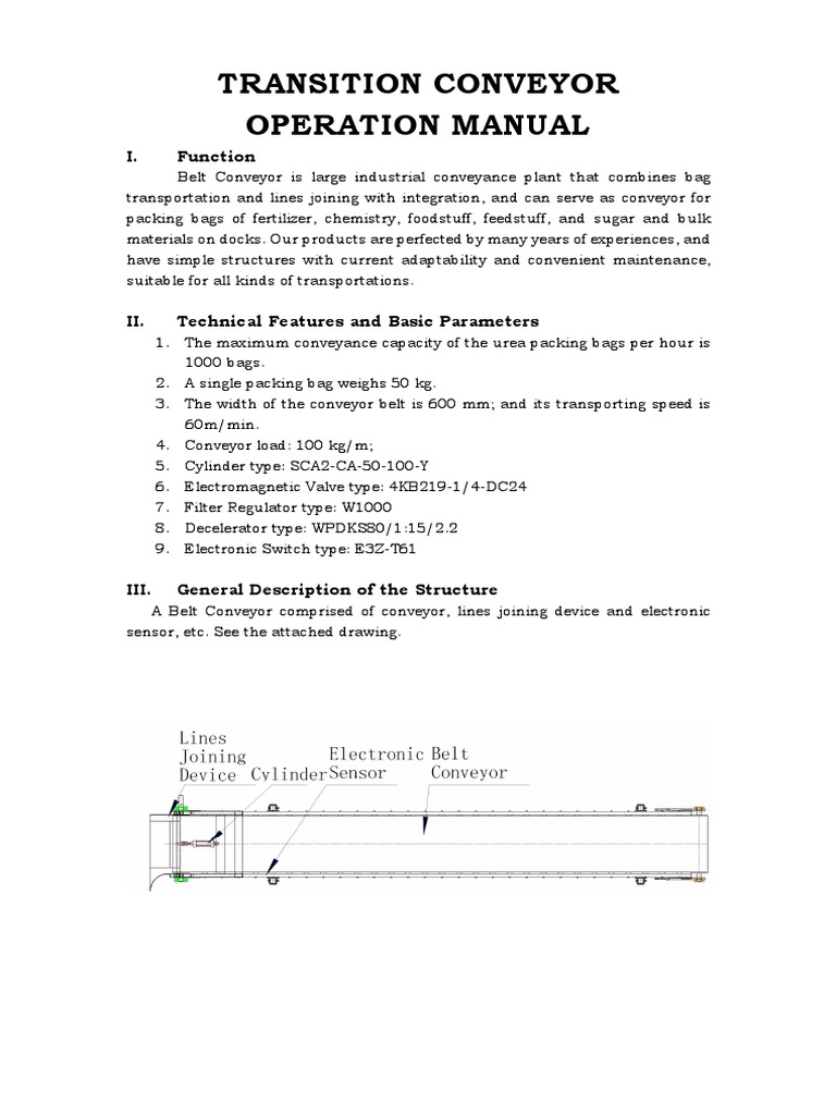 Transition Conveyor Operation Manual: I. Function | PDF | Belt ...