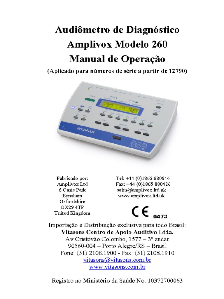 Audiômetro de Diagnóstico Amplivox Modelo 260 Manual de Operação | PDF Audiômetro de Diagnóstico Amplivox Modelo 260 Manual de Operação | PDF
