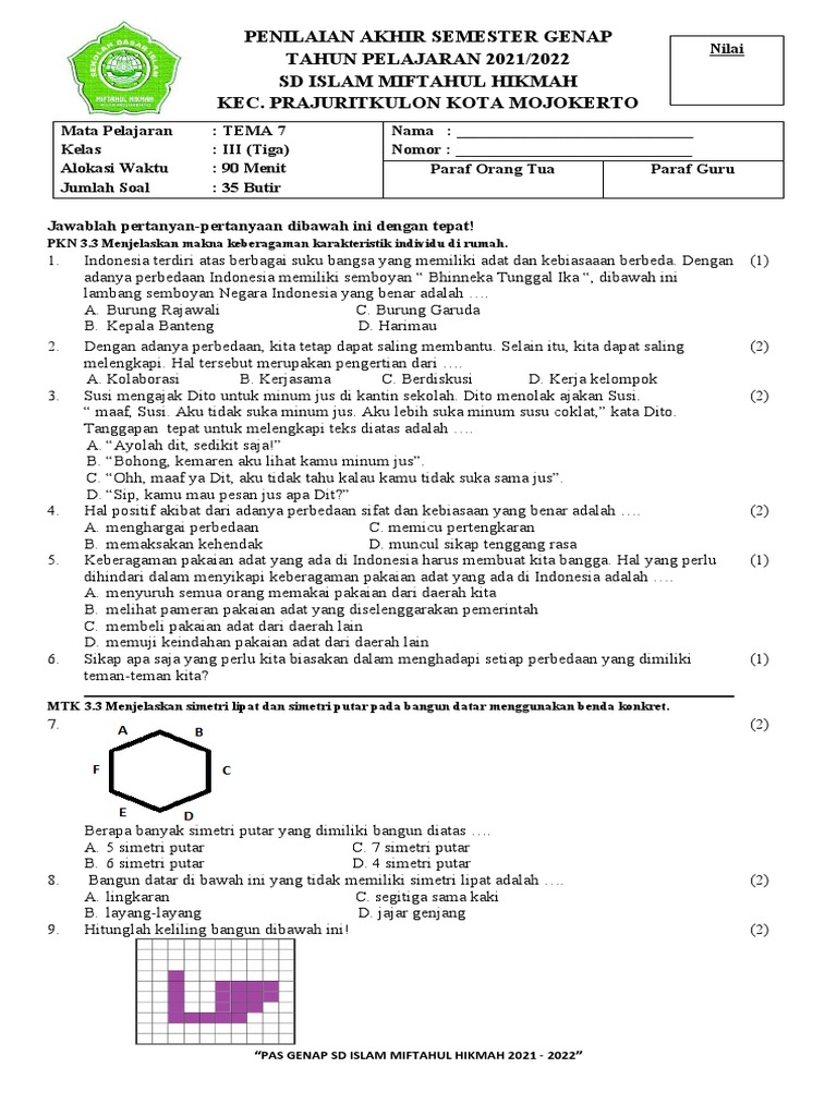 Soal Kelas 3 Pas Tema 7 Genap | PDF
