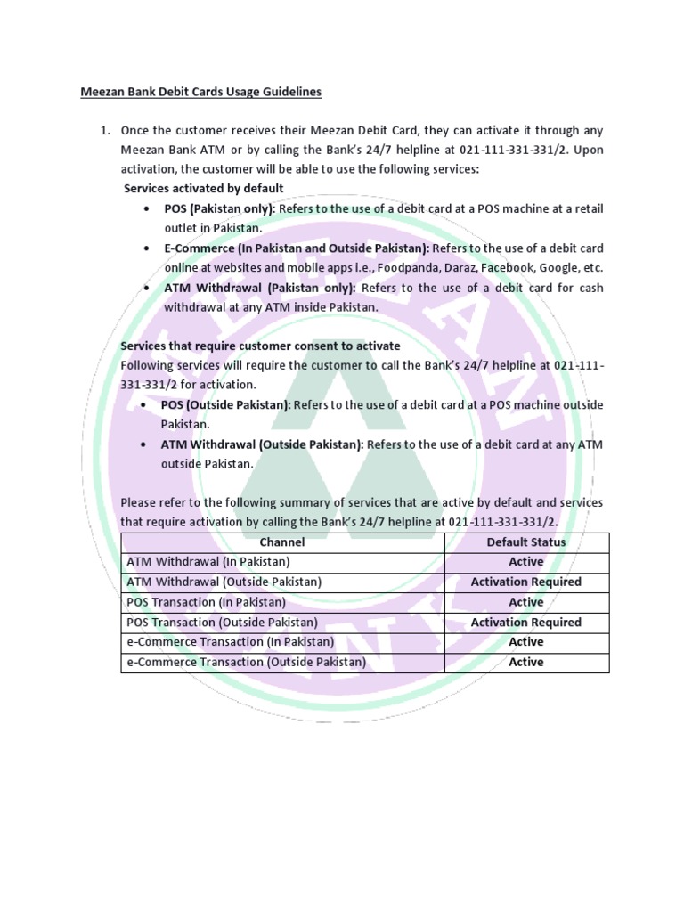 Meezan Bank Debit Card Usage Guidelines | PDF | Debit Card | Automated ...