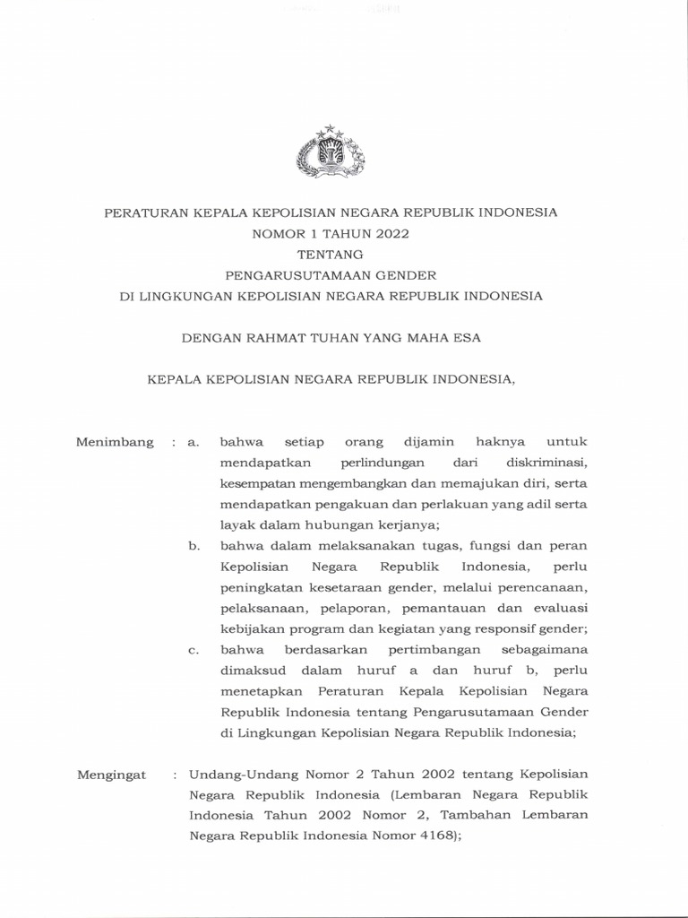 Perkap Nomor 1 Tahun 2022 TTG Pengarusutamaan Gender Di Lingkungan Polri | PDF