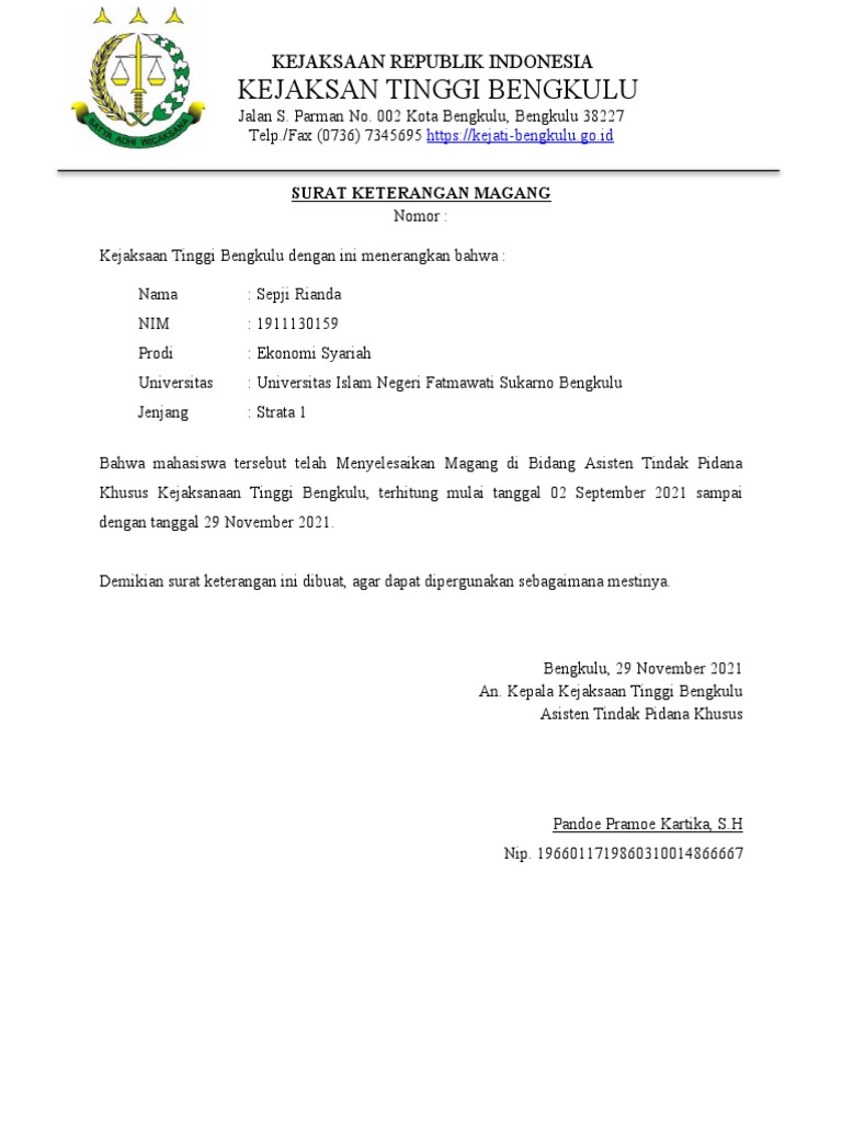 Surat Keterangan Magang Rian | PDF