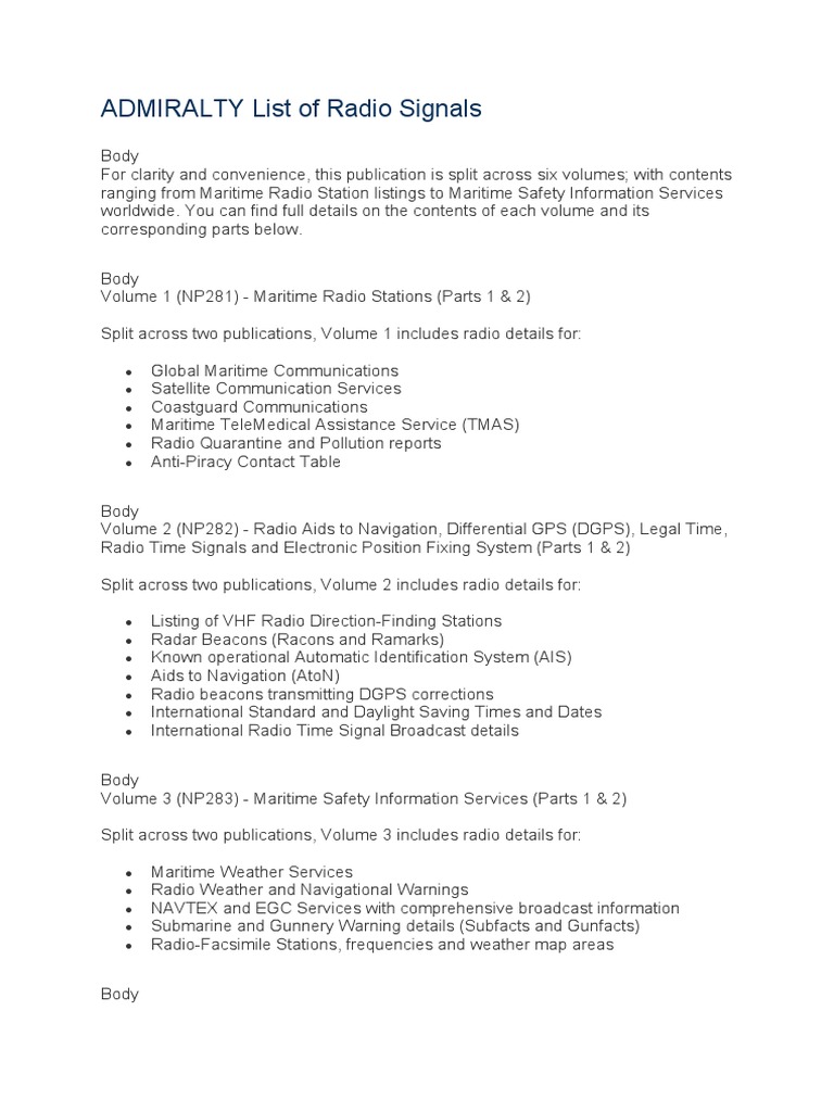 ADMIRALTY List of Radio Signals | PDF | Radio | Telecommunications ...
