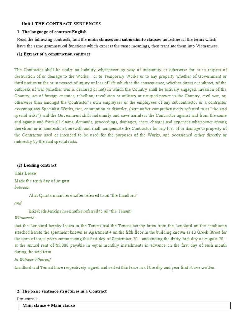 Unit 1 The Contract Sentences 1 The Language Of Contract English Pdf