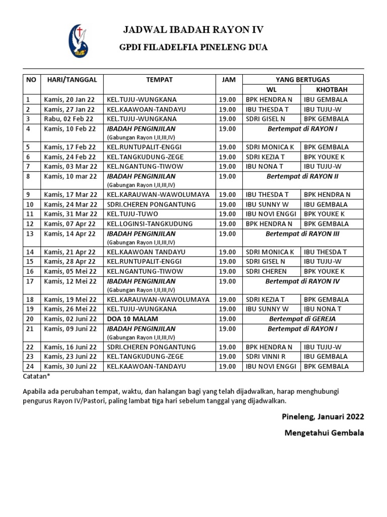 Contoh Jadwal Ibadah Rayon | PDF