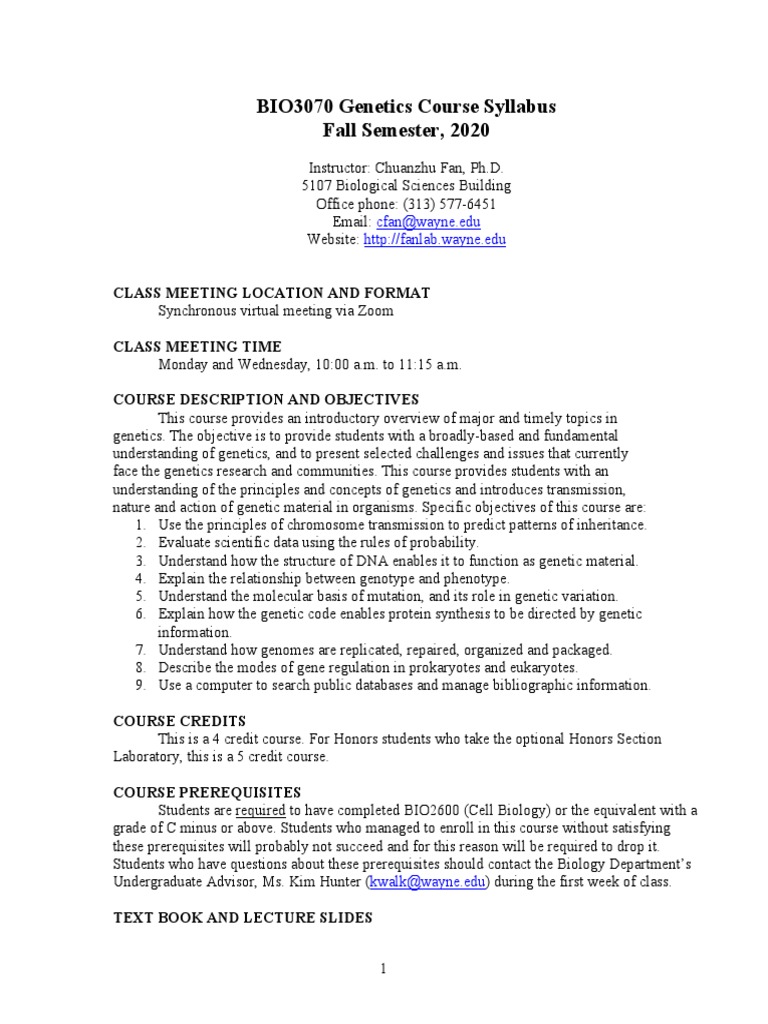 Final Genetics Syllabus Reference | PDF | Genetics | Gene