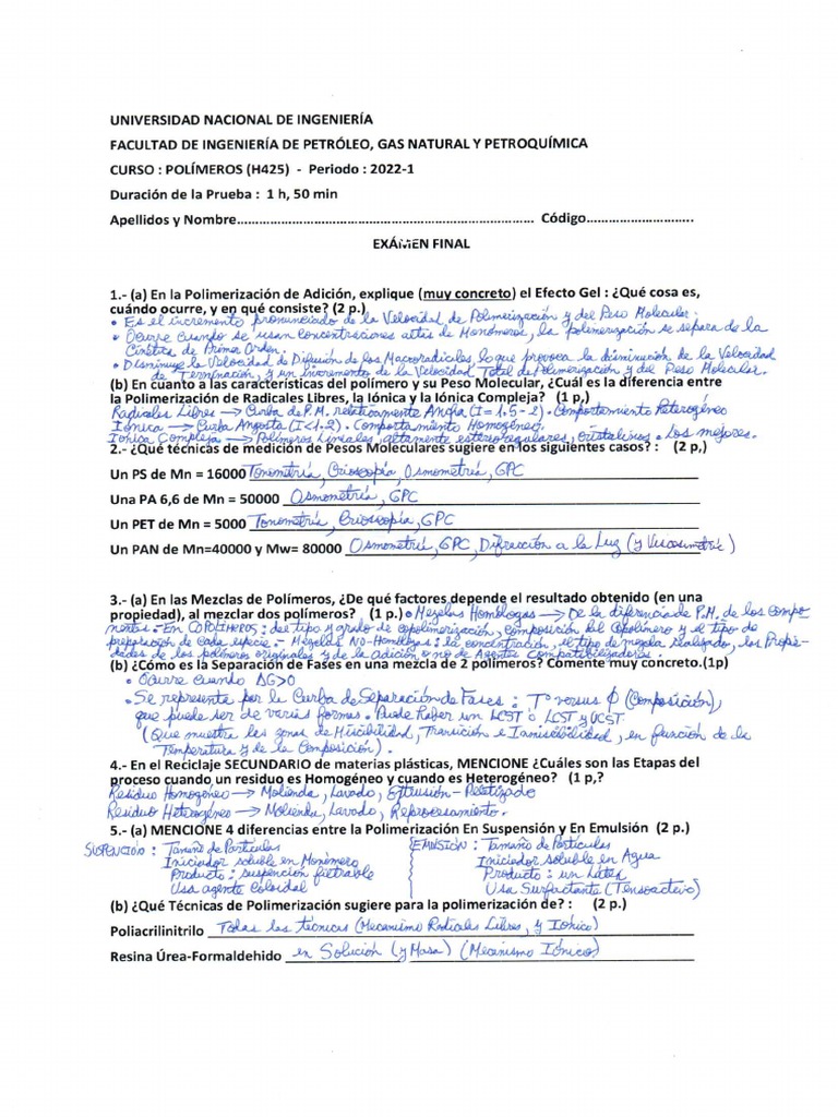 Polímeros (HC425) - Ex. Final - 22-1 - Solución | PDF