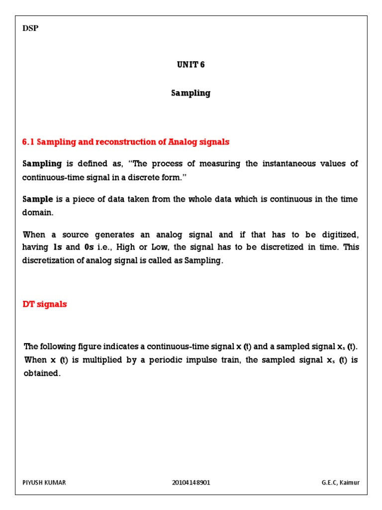 6.1 Sampling and Reconstruction of Analog Signals: Piyush Kumar ...