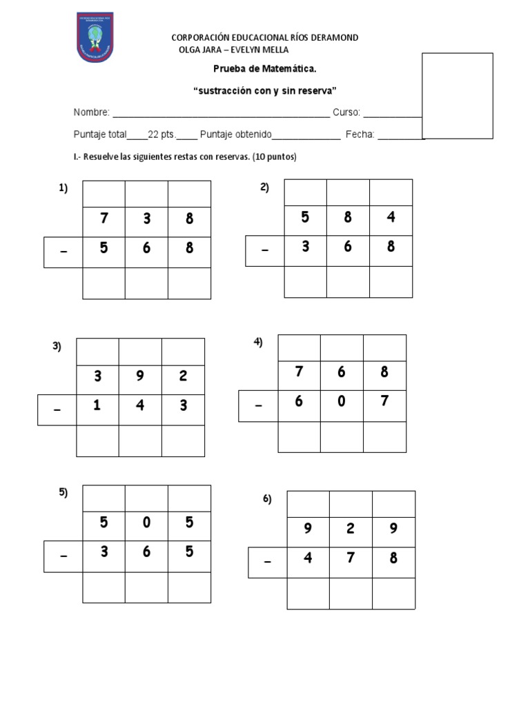 Prueba Matematica 3° y 4° Restas Con y Sin Reserva | PDF