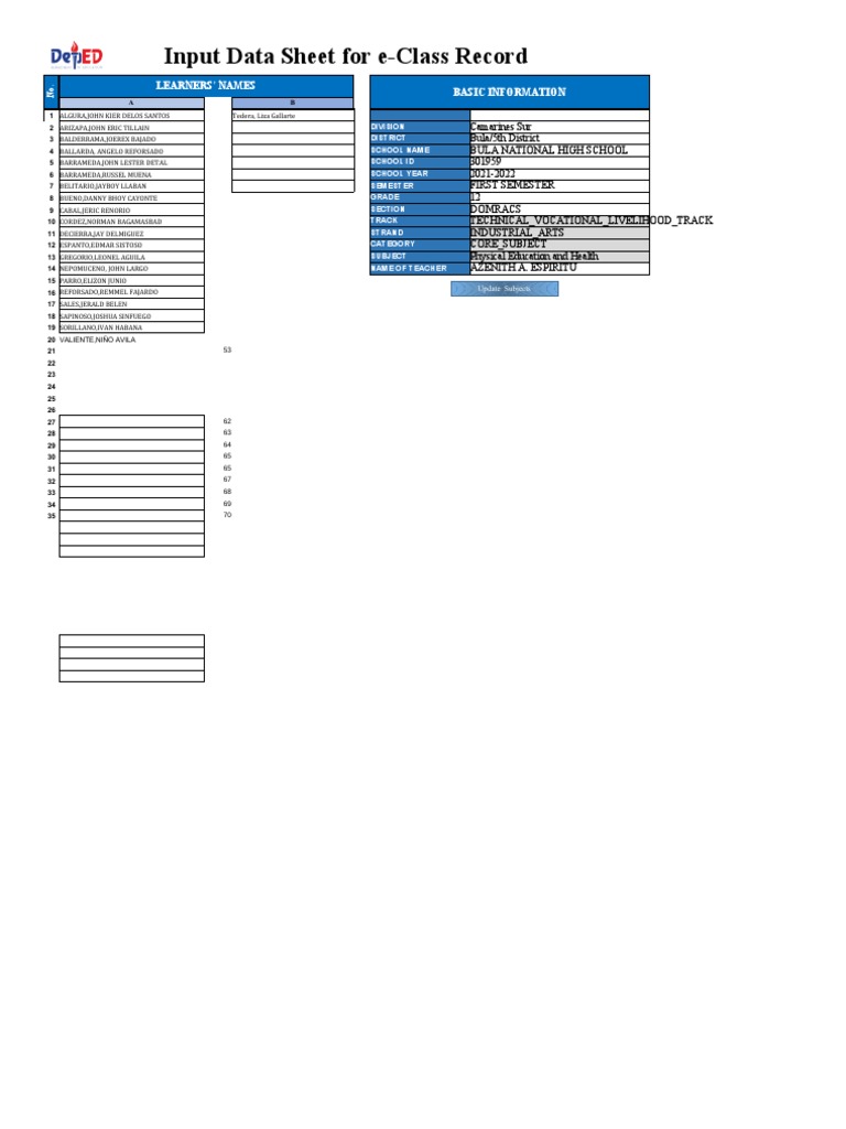 Input Data Sheet For E-Class Record: Learners' Names Basic Information | PDF | Science | Social ...
