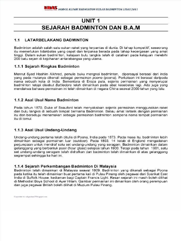 Nota Klinik Badminton Kelab Libas 2011 | PDF