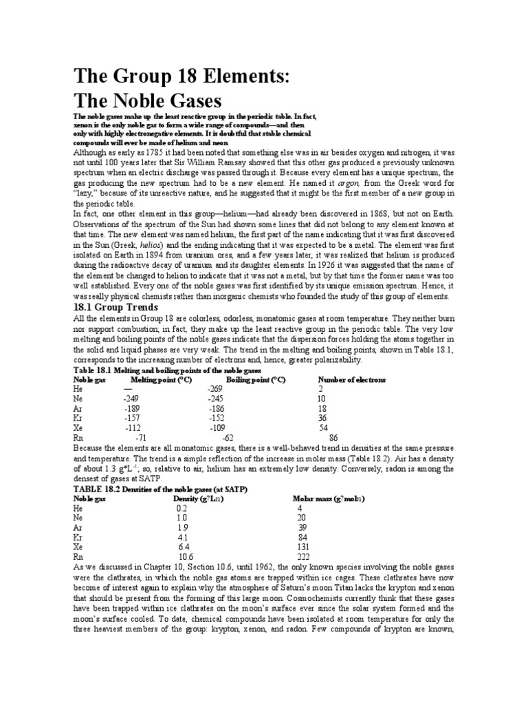The Group 18 Elements: The Noble Gases | PDF | Argon | Helium