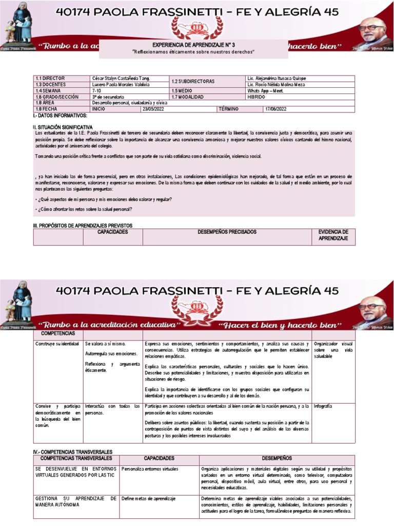 EXPERIENCIA DE APRENDIZAJE 3 DPCC - 3ro - 2022 | PDF | Aprendizaje | Las emociones
