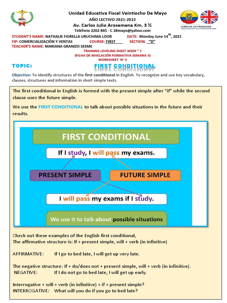 FICHA #3 y 4 FOR STUDENTS FIRST CONDITIONAL AND QUANTIFIERS NATHALIE ...