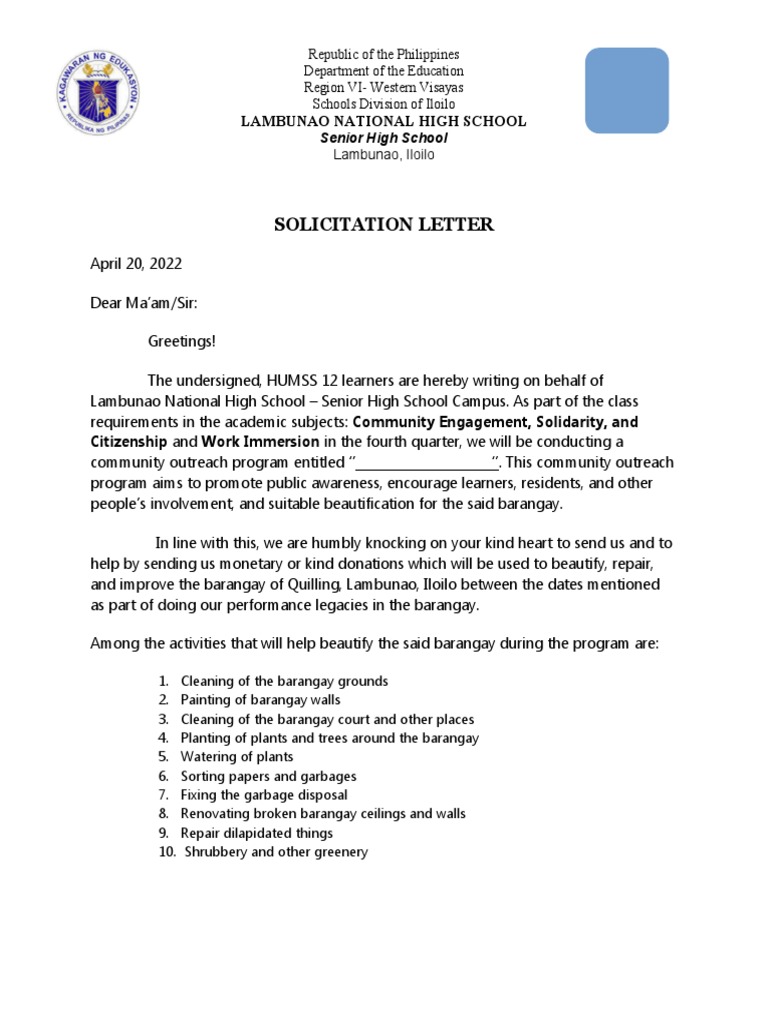 #Amg - Sample of Solicitation Letter For The Community Outreach Program ...