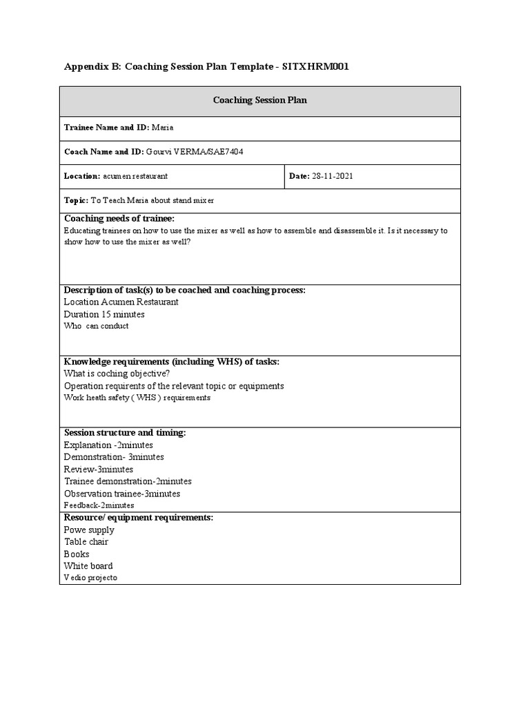 Appendix B - Coaching Session Plan Template - SITXHRM001 (3) | PDF ...