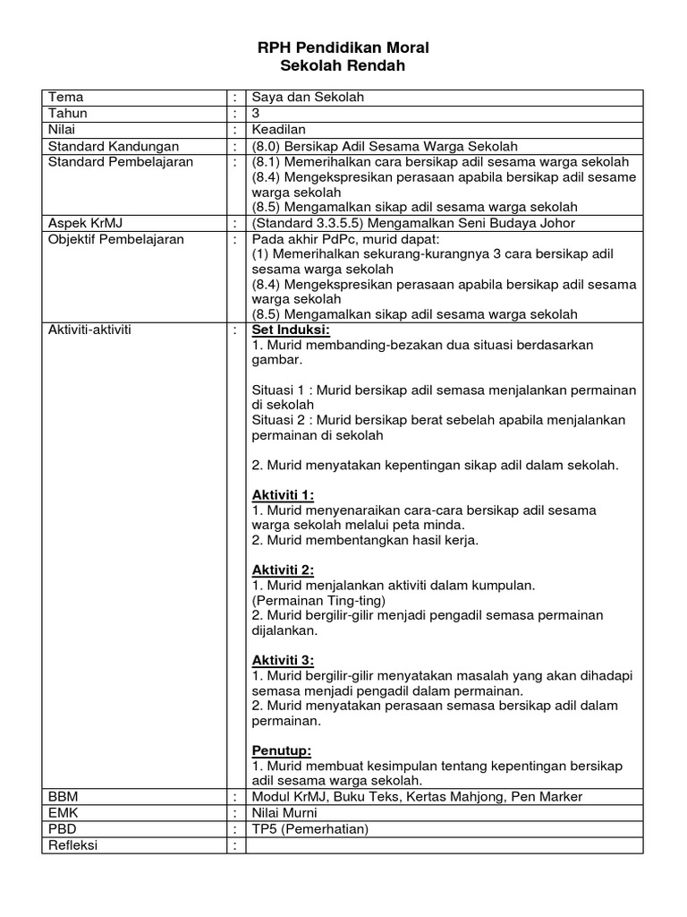 Contoh RPH KRMJ Pend. Moral SR | PDF