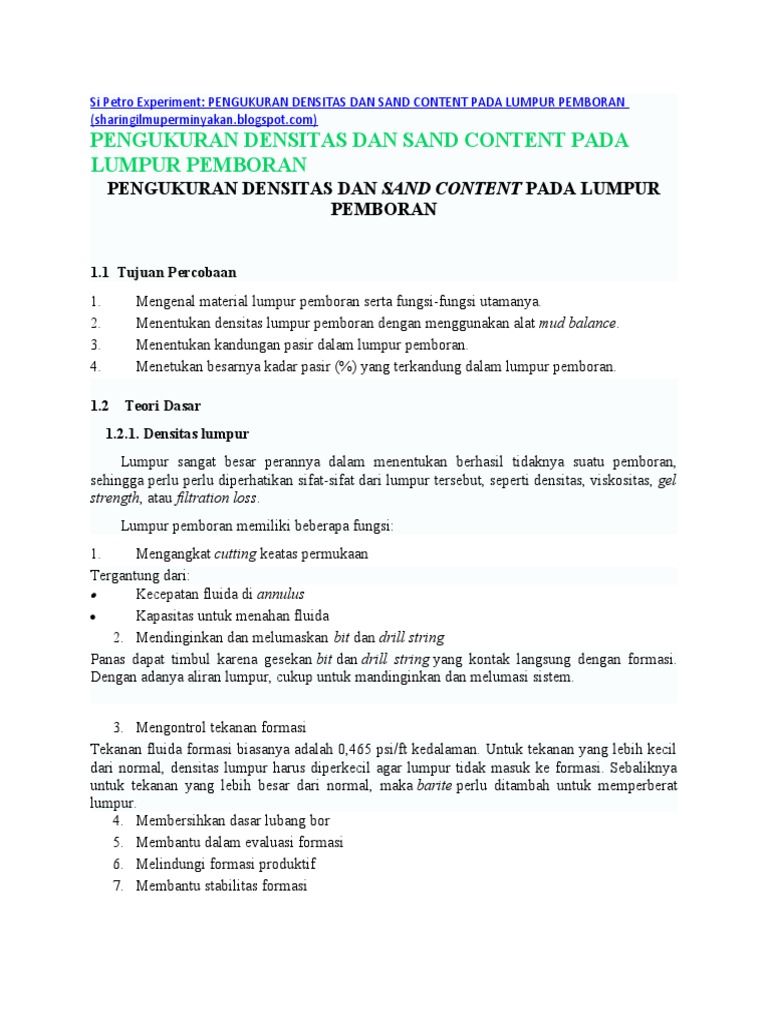 Pengukuran Densitas Dan Sand Content Pada Lumpur Pemboran | PDF