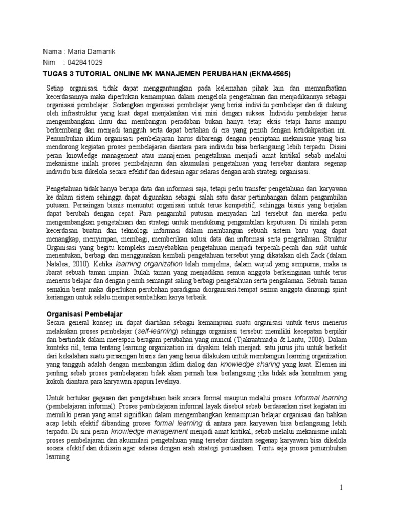 Tugas 3 Manajemen Perubahan - Maria Damanik - 042841029 | PDF