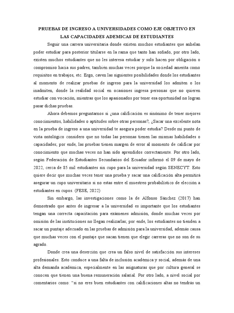 Pruebas de Ingreso A Universidades | PDF | Método de enseñanza | Autoestima