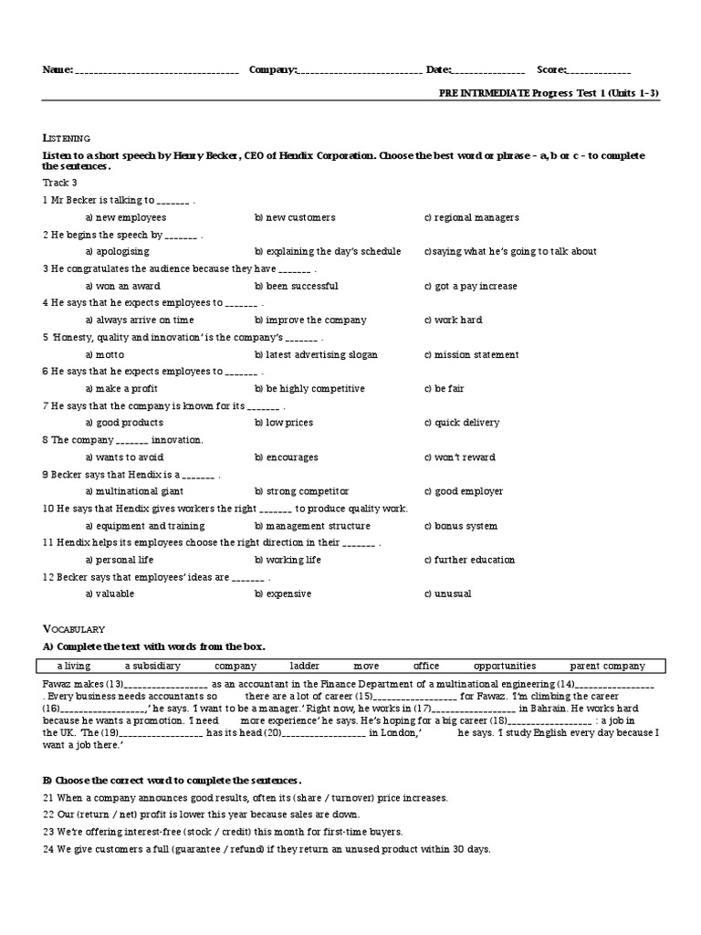 Pre Intermediate Progress Test 1 | PDF | Loyalty Program | Business