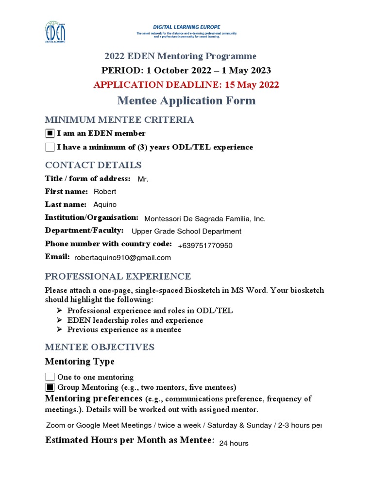 Mentee Application Form: PERIOD: 1 October 2022 - 1 May 2023 | PDF | Mentorship | Learning