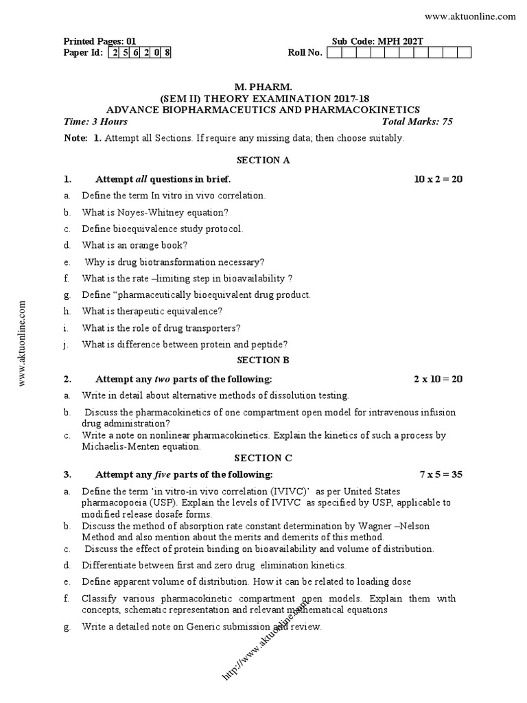 Mpharm 2 Sem Advance Biopharmaceutics and Pharmacokinetics MPH 202t ...